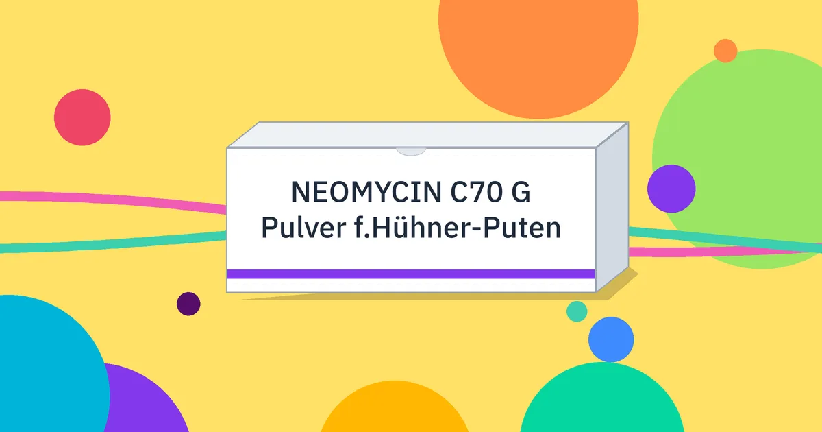 Symbolbild: Packung mit der Aufschrift NEOMYCIN C70 G Pulver f.Hühner-Puten (PZN 01086682) – Verfügbarkeit und Bezug in Apotheken in Frankfurt am Main
