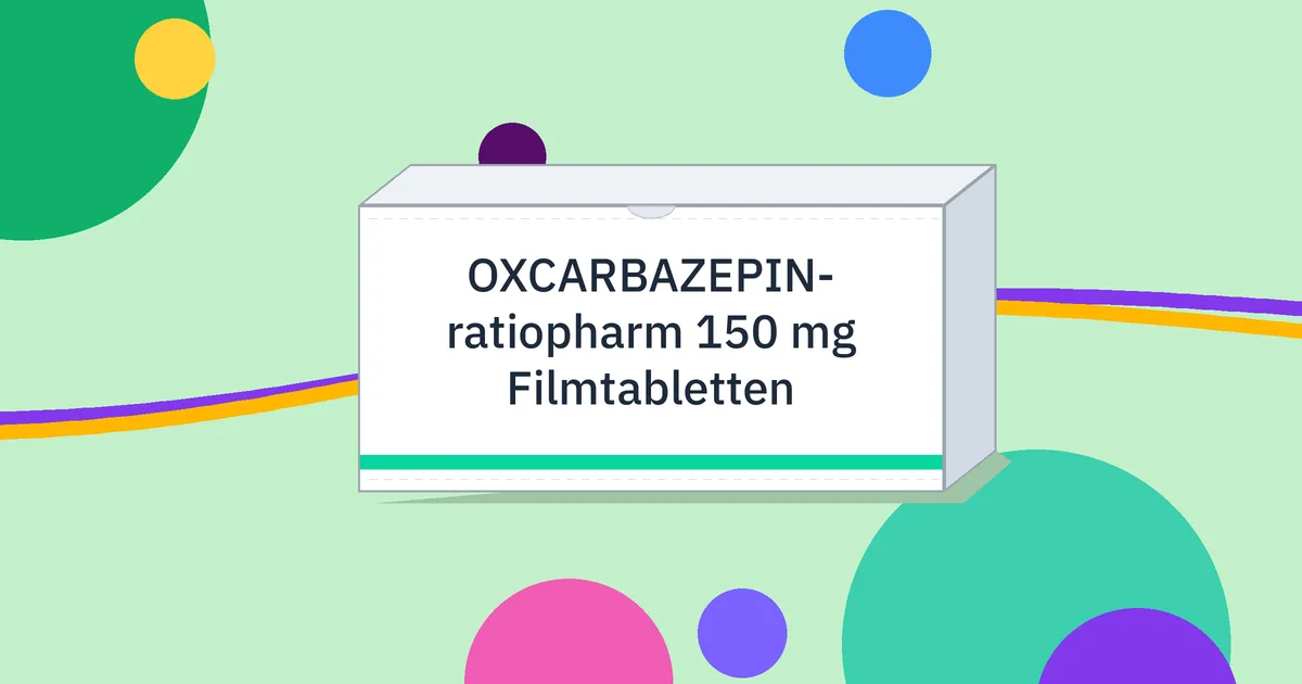 Symbolbild: Packung mit der Aufschrift OXCARBAZEPIN-ratiopharm 150 mg Filmtabletten (PZN 06055189) – Verfügbarkeit und Bezug in Apotheken in Frankfurt am Main