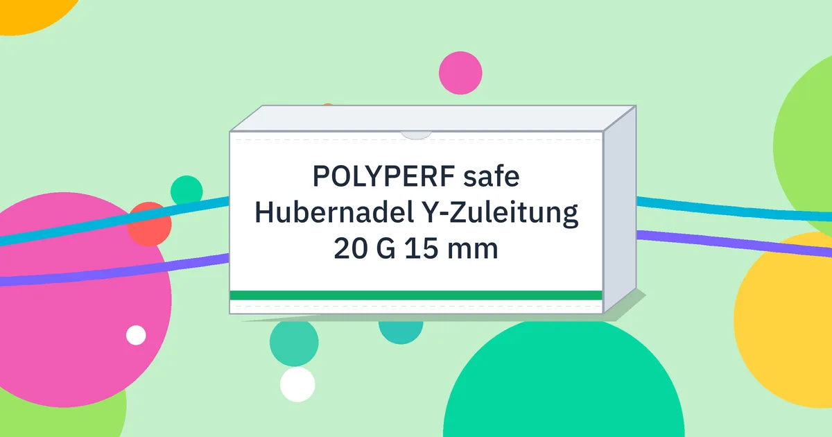 Symbolbild: Packung mit der Aufschrift POLYPERF safe Hubernadel Y-Zuleitung 20 G 15 mm (PZN 18113851) – Verfügbarkeit und Bezug in Apotheken in Frankfurt am Main