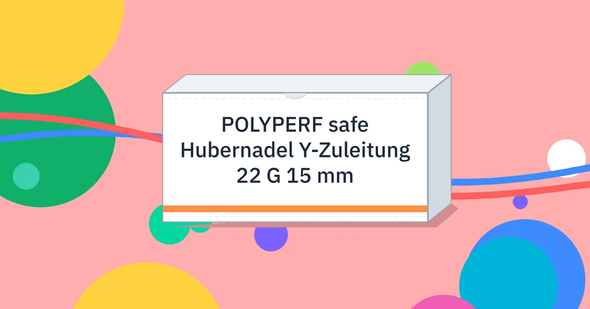 Symbolbild: Packung mit der Aufschrift POLYPERF safe Hubernadel Y-Zuleitung 22 G 15 mm (PZN 18113816) – Verfügbarkeit und Bezug in Apotheken in Frankfurt am Main