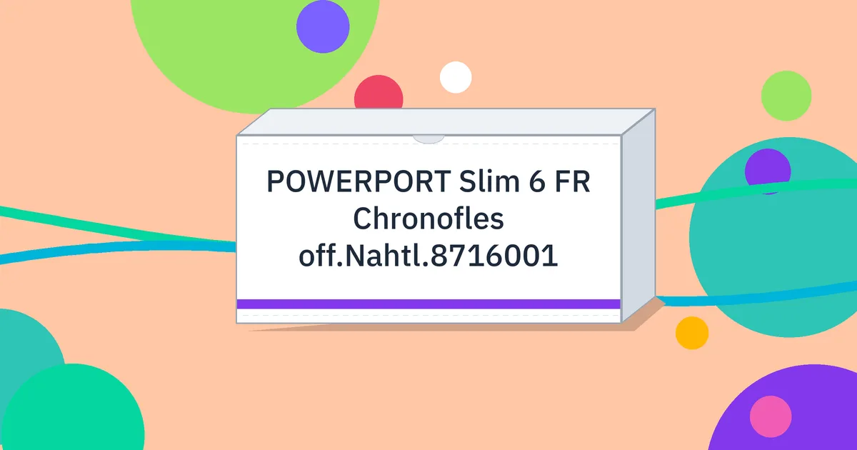 Symbolbild: Packung mit der Aufschrift POWERPORT Slim 6 FR Chronofles off.Nahtl.8716001 (PZN 09460625) – Verfügbarkeit und Bezug in Apotheken in Frankfurt am Main