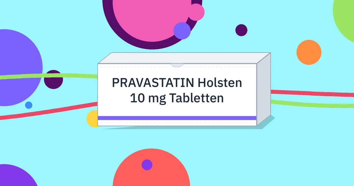 Symbolbild: Packung mit der Aufschrift PRAVASTATIN Holsten 10 mg Tabletten (PZN 16120456) – Verfügbarkeit und Bezug in Apotheken in Frankfurt am Main
