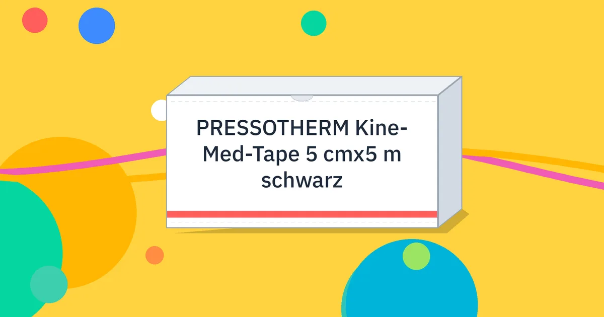 Symbolbild: Packung mit der Aufschrift PRESSOTHERM Kine-Med-Tape 5 cmx5 m schwarz (PZN 06340027) – Verfügbarkeit und Bezug in Apotheken in Frankfurt am Main