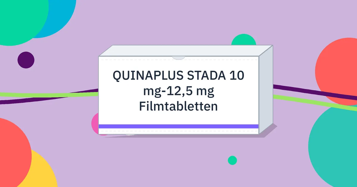 Symbolbild: Packung mit der Aufschrift QUINAPLUS STADA 10 mg-12,5 mg Filmtabletten (PZN 00840510) – Verfügbarkeit und Bezug in Apotheken in Frankfurt am Main