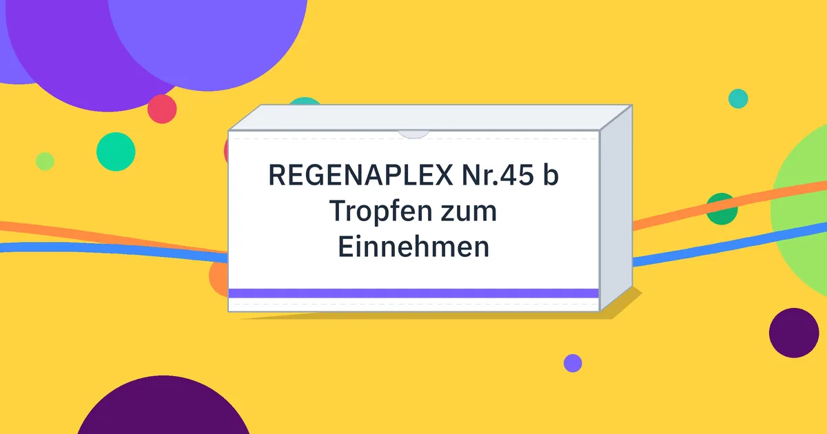 Symbolbild: Packung mit der Aufschrift REGENAPLEX Nr.45 b Tropfen zum Einnehmen (PZN 02642671) – Verfügbarkeit und Bezug in Apotheken in Frankfurt am Main