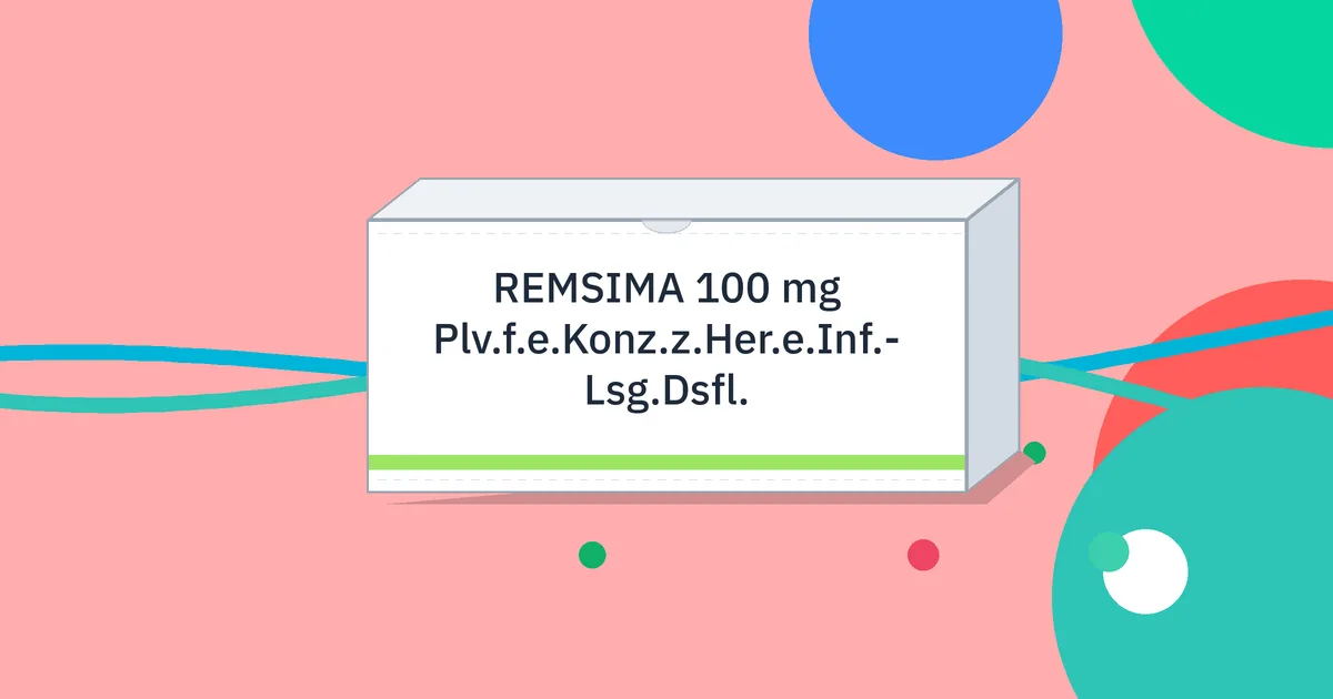 Symbolbild: Packung mit der Aufschrift REMSIMA 100 mg Plv.f.e.Konz.z.Her.e.Inf.-Lsg.Dsfl. (PZN 18766429) – Verfügbarkeit und Bezug in Apotheken in Frankfurt am Main