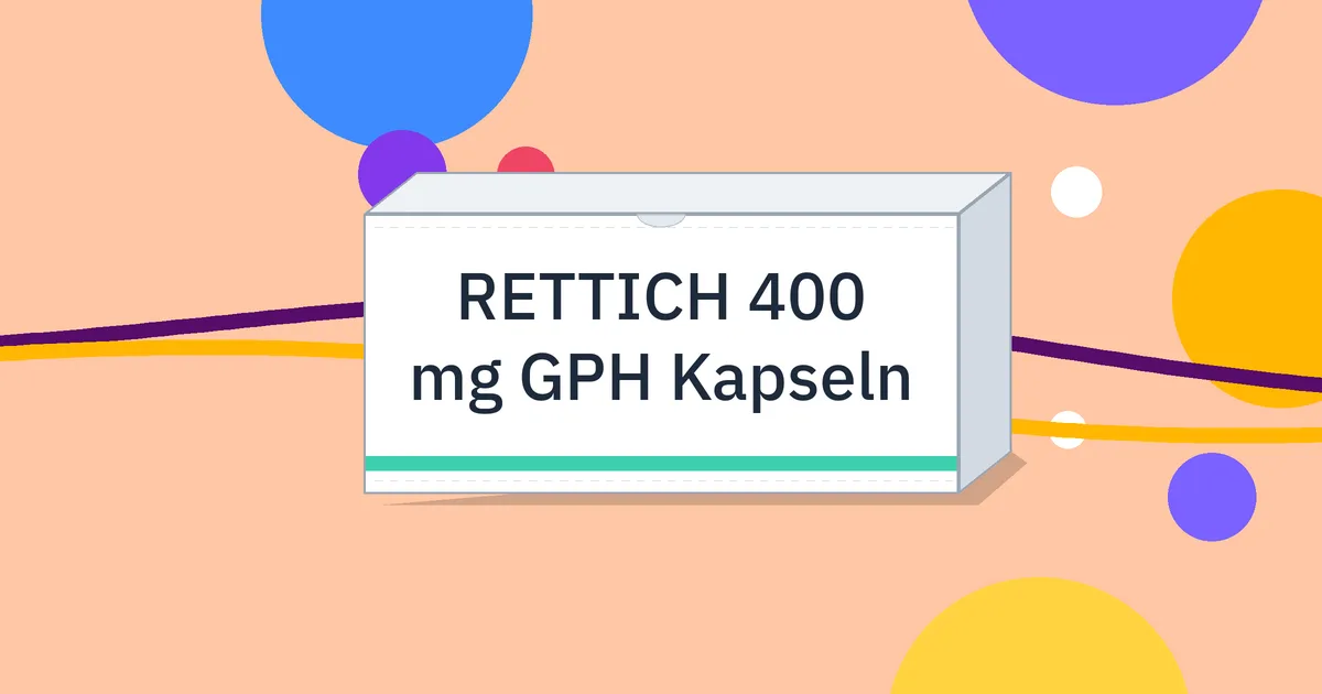 Symbolbild: Packung mit der Aufschrift RETTICH 400 mg GPH Kapseln (PZN 00129679) – Verfügbarkeit und Bezug in Apotheken in Frankfurt am Main