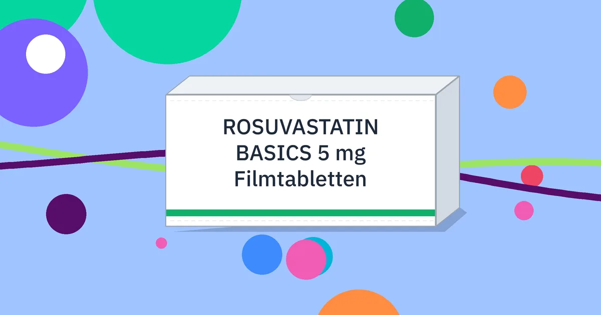 Symbolbild: Packung mit der Aufschrift ROSUVASTATIN BASICS 5 mg Filmtabletten (PZN 19621325) – Verfügbarkeit und Bezug in Apotheken in Frankfurt am Main