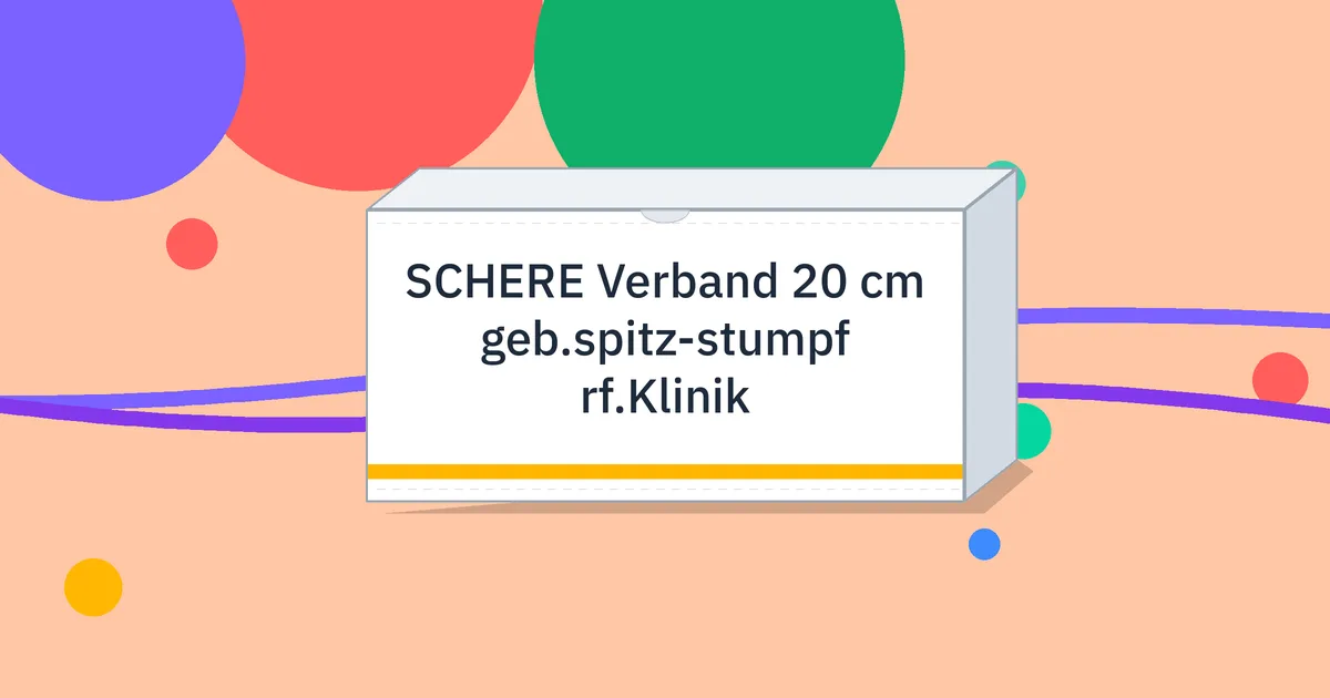 Symbolbild: Packung mit der Aufschrift SCHERE Verband 20 cm geb.spitz-stumpf rf.Klinik (PZN 10915545) – Verfügbarkeit und Bezug in Apotheken in Frankfurt am Main