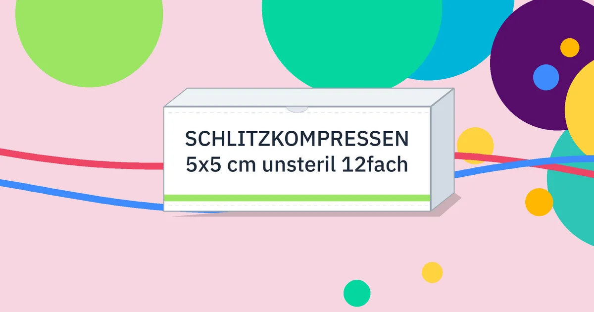 Symbolbild: Packung mit der Aufschrift SCHLITZKOMPRESSEN 5x5 cm unsteril 12fach (PZN 00120141) – Verfügbarkeit und Bezug in Apotheken in Frankfurt am Main