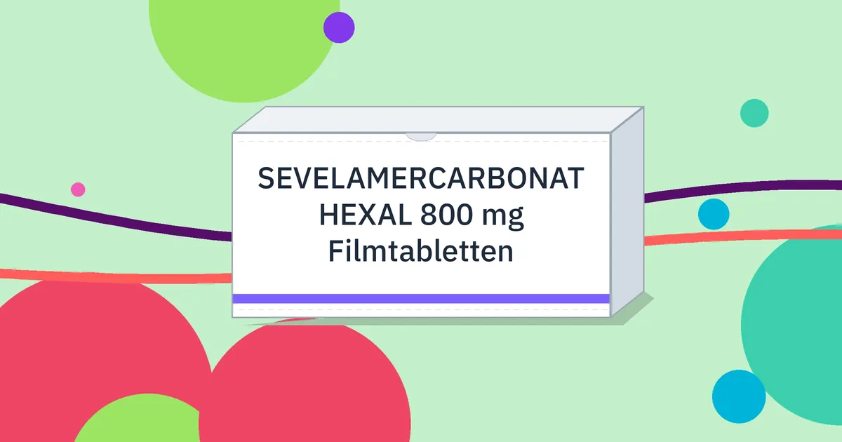 Symbolbild: Packung mit der Aufschrift SEVELAMERCARBONAT HEXAL 800 mg Filmtabletten (PZN 18050582) – Verfügbarkeit und Bezug in Apotheken in Frankfurt am Main