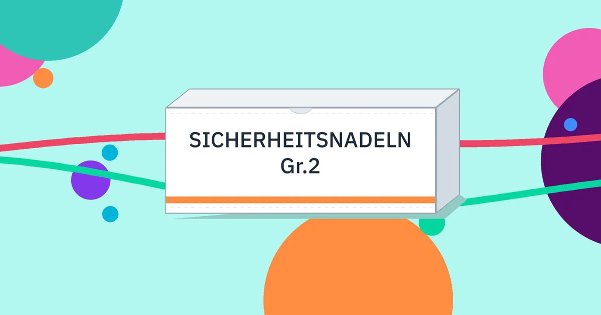 Symbolbild: Packung mit der Aufschrift SICHERHEITSNADELN Gr.2 (PZN 01736329) – Verfügbarkeit und Bezug in Apotheken in Frankfurt am Main