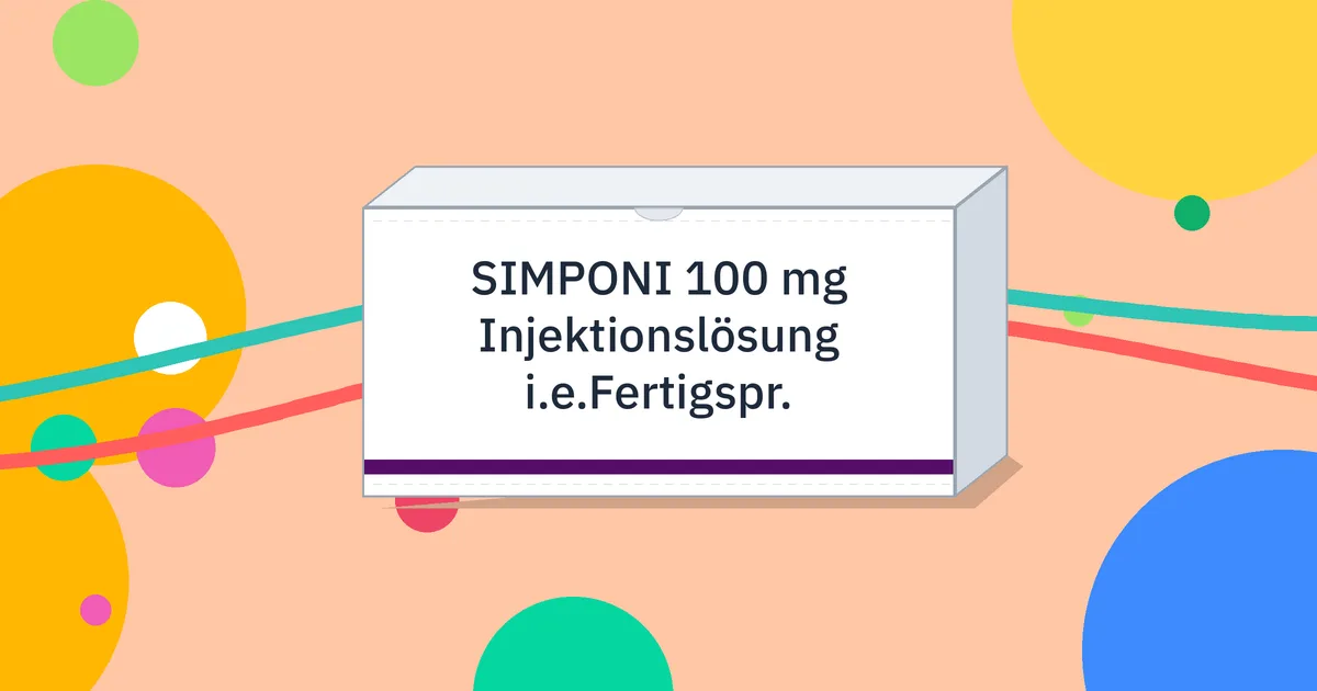 Symbolbild: Packung mit der Aufschrift SIMPONI 100 mg Injektionslösung i.e.Fertigspr. (PZN 14213722) – Verfügbarkeit und Bezug in Apotheken in Frankfurt am Main