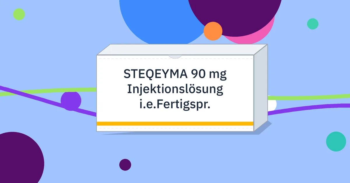 Symbolbild: Packung mit der Aufschrift STEQEYMA 90 mg Injektionslösung i.e.Fertigspr. (PZN 19791613) – Verfügbarkeit und Bezug in Apotheken in Frankfurt am Main