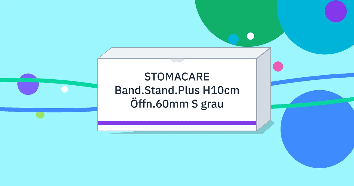 Symbolbild: Packung mit der Aufschrift STOMACARE Band.Stand.Plus H10cm Öffn.60mm S grau (PZN 16750134) – Verfügbarkeit und Bezug in Apotheken in Frankfurt am Main