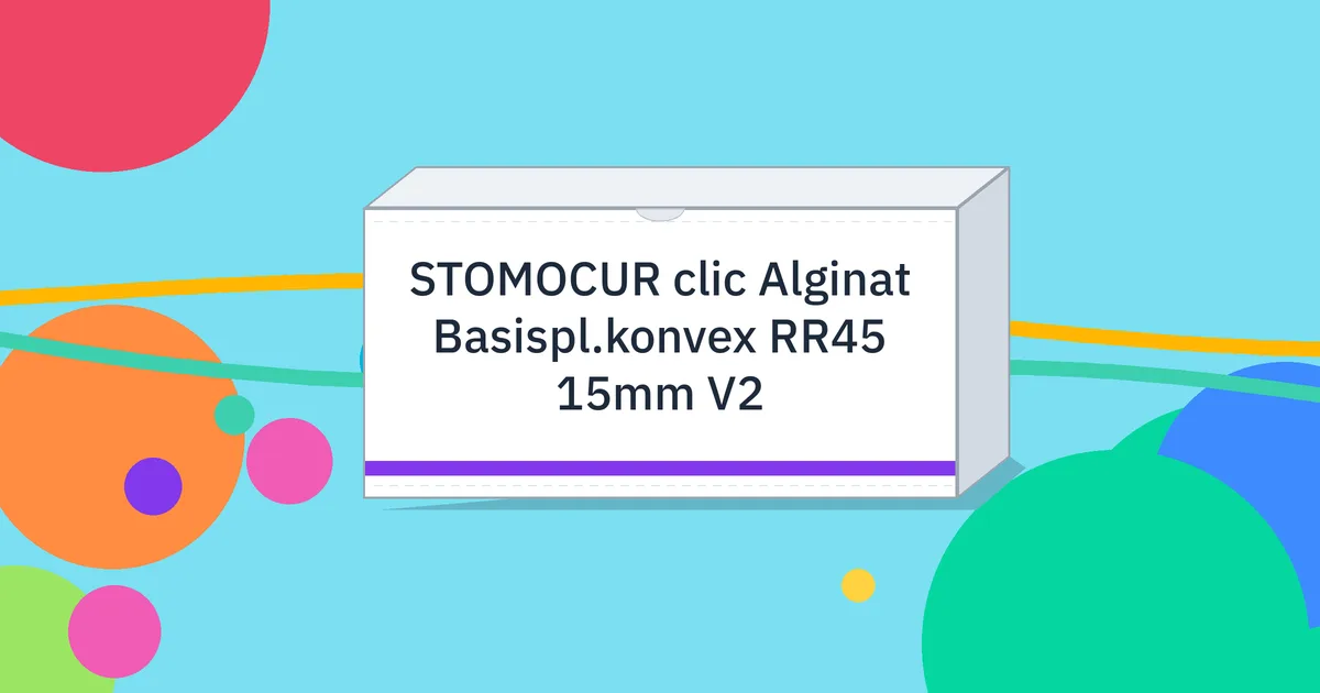 Symbolbild: Packung mit der Aufschrift STOMOCUR clic Alginat Basispl.konvex RR45 15mm V2 (PZN 18759027) – Verfügbarkeit und Bezug in Apotheken in Frankfurt am Main