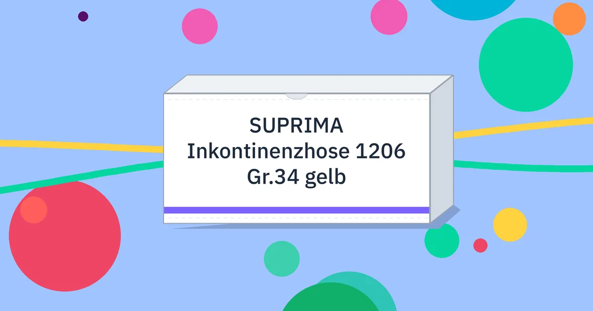 Symbolbild: Packung mit der Aufschrift SUPRIMA Inkontinenzhose 1206 Gr.34 gelb (PZN 01514787) – Verfügbarkeit und Bezug in Apotheken in Frankfurt am Main