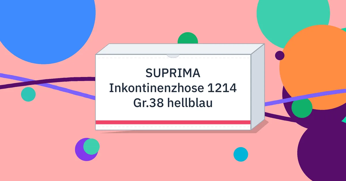 Symbolbild: Packung mit der Aufschrift SUPRIMA Inkontinenzhose 1214 Gr.38 hellblau (PZN 03027436) – Verfügbarkeit und Bezug in Apotheken in Frankfurt am Main