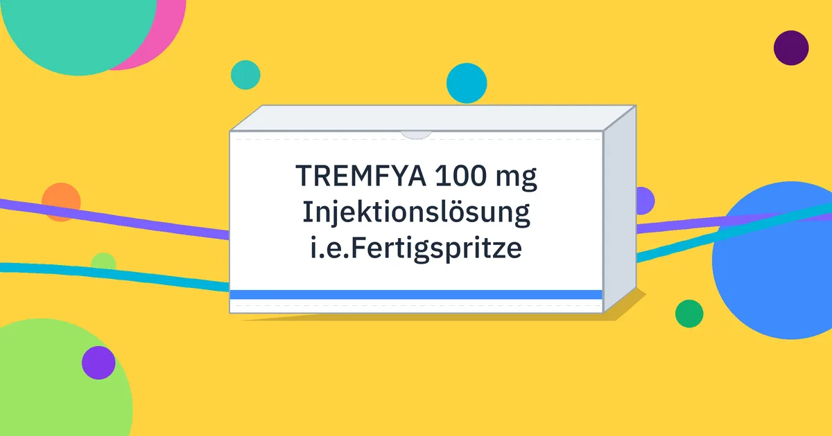 Symbolbild: Packung mit der Aufschrift TREMFYA 100 mg Injektionslösung i.e.Fertigspritze (PZN 15584685) – Verfügbarkeit und Bezug in Apotheken in Frankfurt am Main