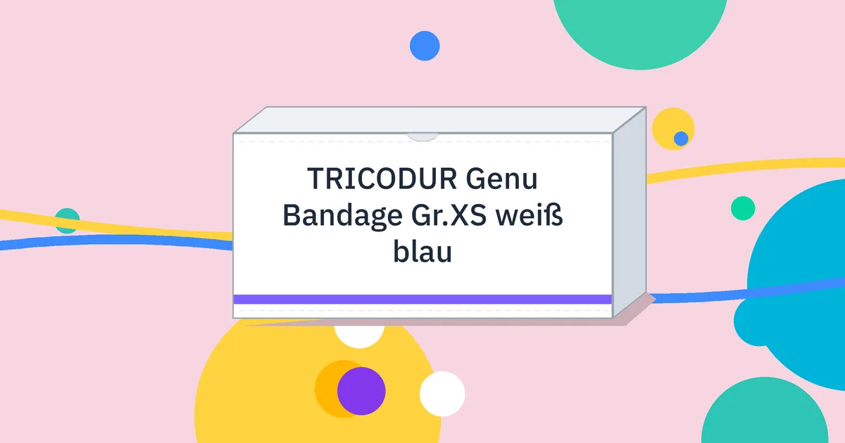 Symbolbild: Packung mit der Aufschrift TRICODUR Genu Bandage Gr.XS weiß blau (PZN 03094059) – Verfügbarkeit und Bezug in Apotheken in Frankfurt am Main