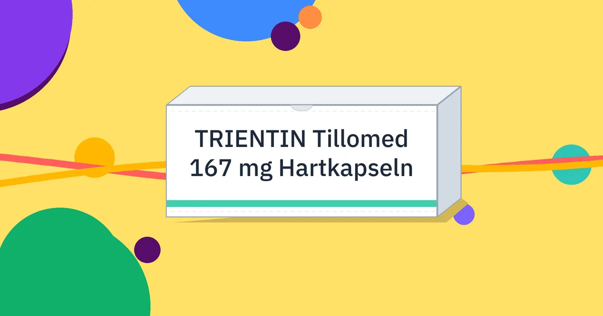 Symbolbild: Packung mit der Aufschrift TRIENTIN Tillomed 167 mg Hartkapseln (PZN 17899128) – Verfügbarkeit und Bezug in Apotheken in Frankfurt am Main