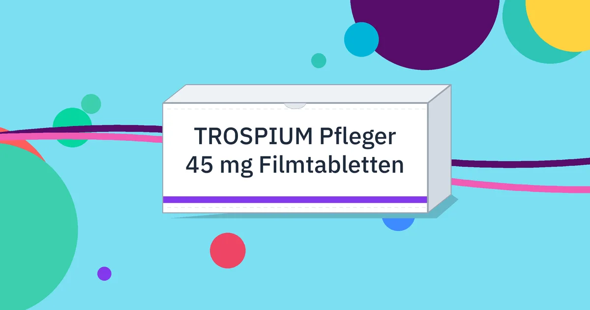 Symbolbild: Packung mit der Aufschrift TROSPIUM Pfleger 45 mg Filmtabletten (PZN 14258819) – Verfügbarkeit und Bezug in Apotheken in Frankfurt am Main