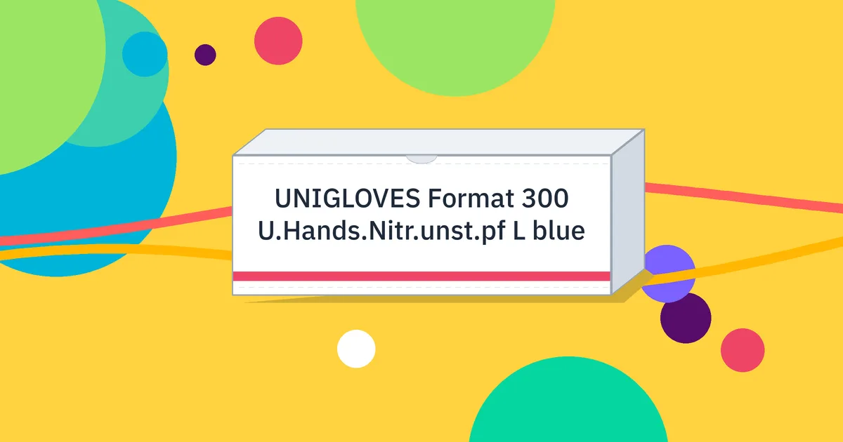 Symbolbild: Packung mit der Aufschrift UNIGLOVES Format 300 U.Hands.Nitr.unst.pf L blue (PZN 18100630) – Verfügbarkeit und Bezug in Apotheken in Frankfurt am Main