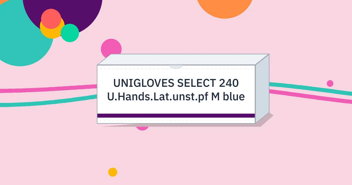 Symbolbild: Packung mit der Aufschrift UNIGLOVES SELECT 240 U.Hands.Lat.unst.pf M blue (PZN 18101173) – Verfügbarkeit und Bezug in Apotheken in Frankfurt am Main