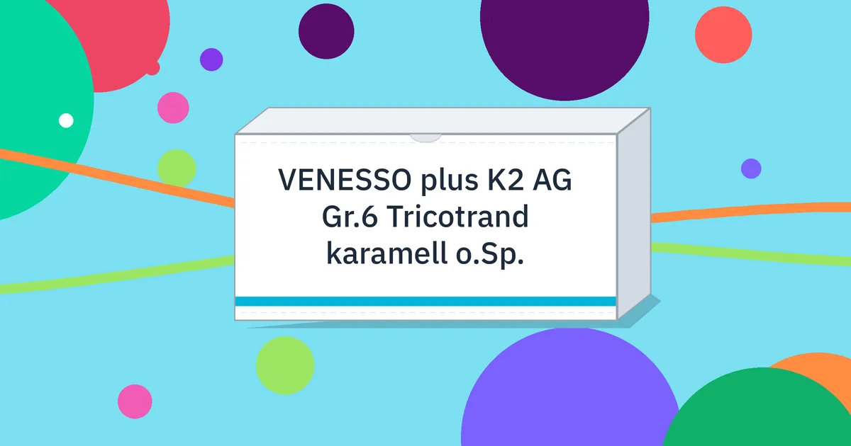 Symbolbild: Packung mit der Aufschrift VENESSO plus K2 AG Gr.6 Tricotrand karamell o.Sp. (PZN 13763254) – Verfügbarkeit und Bezug in Apotheken in Frankfurt am Main