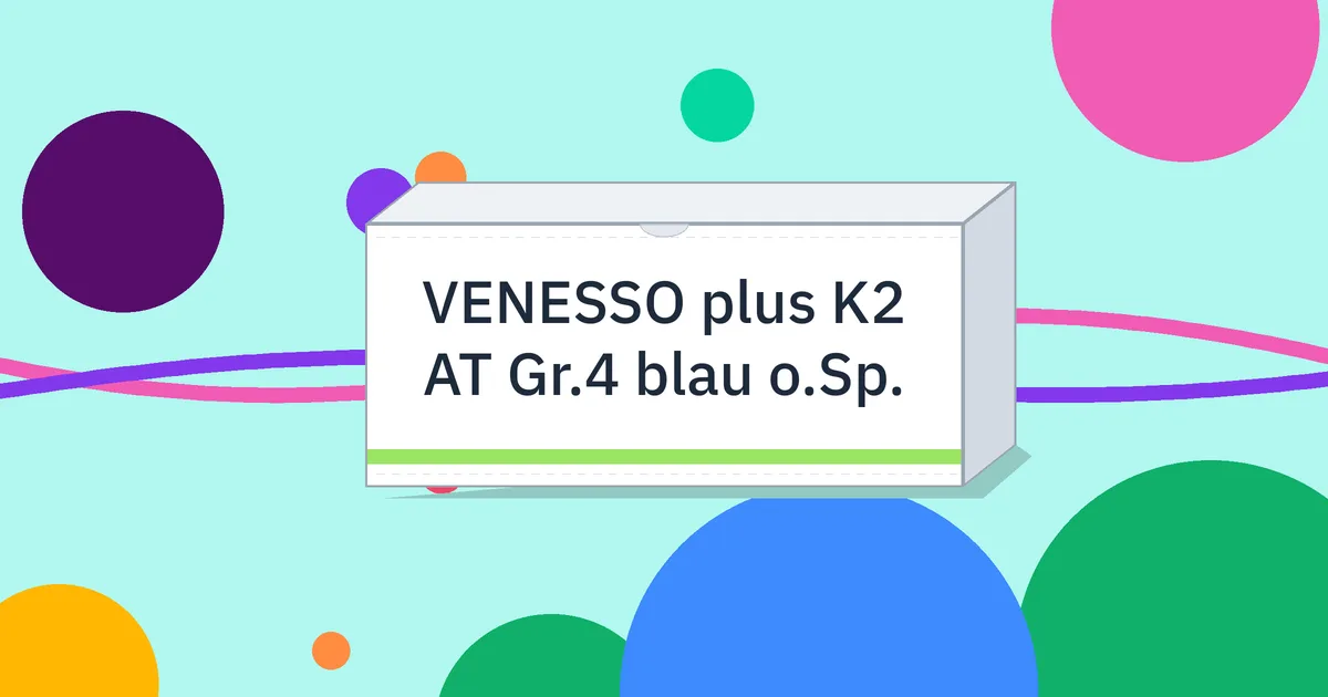 Symbolbild: Packung mit der Aufschrift VENESSO plus K2 AT Gr.4 blau o.Sp. (PZN 03288964) – Verfügbarkeit und Bezug in Apotheken in Frankfurt am Main