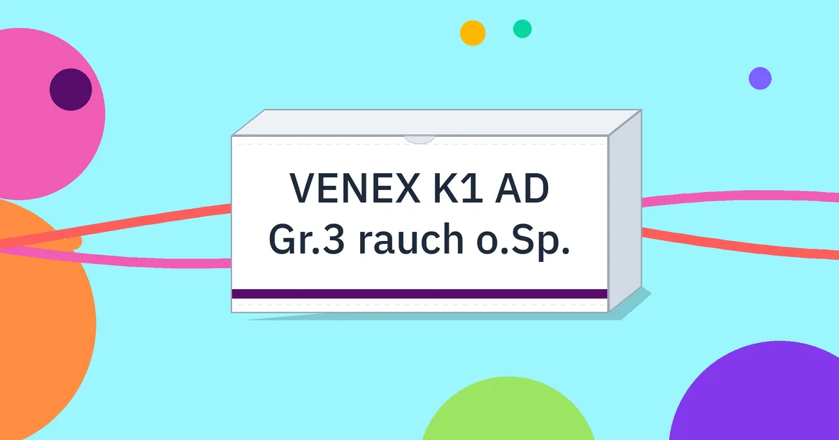 Symbolbild: Packung mit der Aufschrift VENEX K1 AD Gr.3 rauch o.Sp. (PZN 03184779) – Verfügbarkeit und Bezug in Apotheken in Frankfurt am Main
