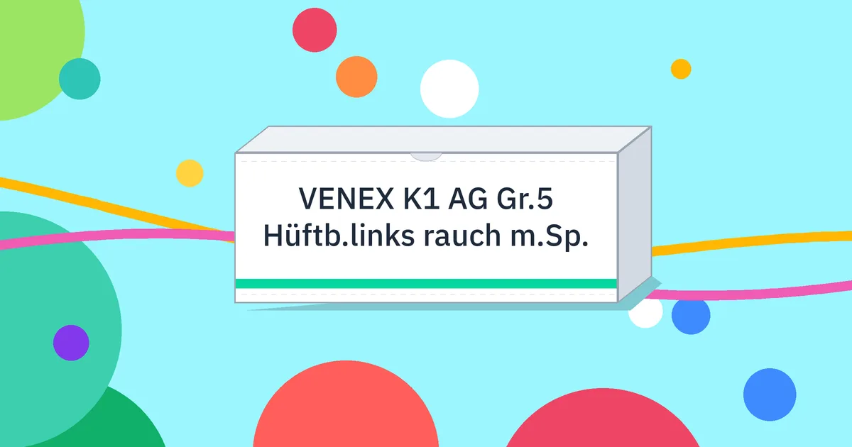 Symbolbild: Packung mit der Aufschrift VENEX K1 AG Gr.5 Hüftb.links rauch m.Sp. (PZN 03199640) – Verfügbarkeit und Bezug in Apotheken in Frankfurt am Main