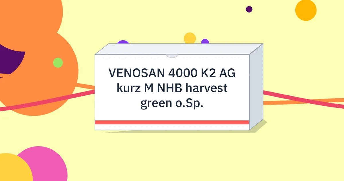 Symbolbild: Packung mit der Aufschrift VENOSAN 4000 K2 AG kurz M NHB harvest green o.Sp. (PZN 18847814) – Verfügbarkeit und Bezug in Apotheken in Frankfurt am Main
