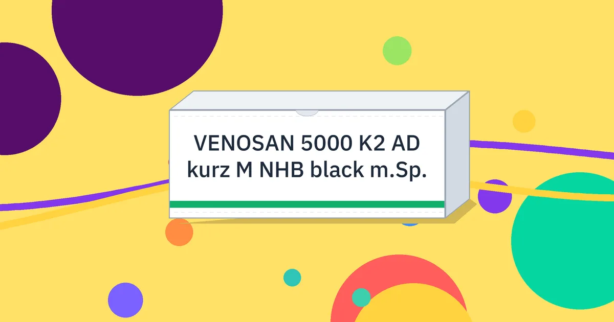 Symbolbild: Packung mit der Aufschrift VENOSAN 5000 K2 AD kurz M NHB black m.Sp. (PZN 14433435) – Verfügbarkeit und Bezug in Apotheken in Frankfurt am Main