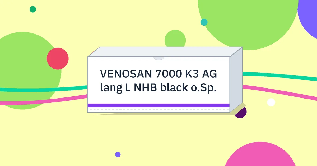 Symbolbild: Packung mit der Aufschrift VENOSAN 7000 K3 AG lang L NHB black o.Sp. (PZN 14436511) – Verfügbarkeit und Bezug in Apotheken in Frankfurt am Main