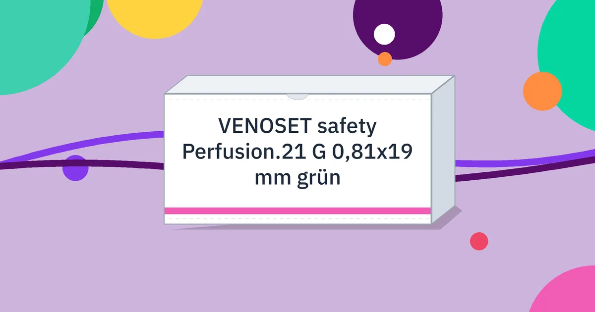 Symbolbild: Packung mit der Aufschrift VENOSET safety Perfusion.21 G 0,81x19 mm grün (PZN 13846974) – Verfügbarkeit und Bezug in Apotheken in Frankfurt am Main