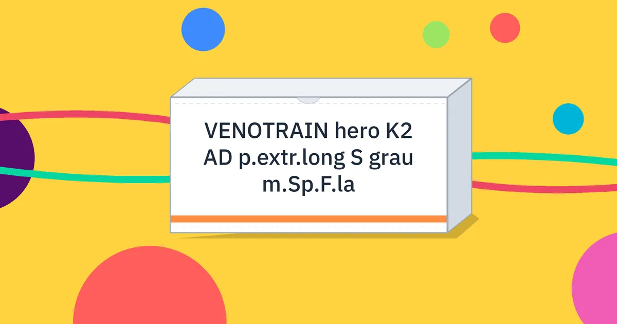 Symbolbild: Packung mit der Aufschrift VENOTRAIN hero K2 AD p.extr.long S grau m.Sp.F.la (PZN 19190658) – Verfügbarkeit und Bezug in Apotheken in Frankfurt am Main