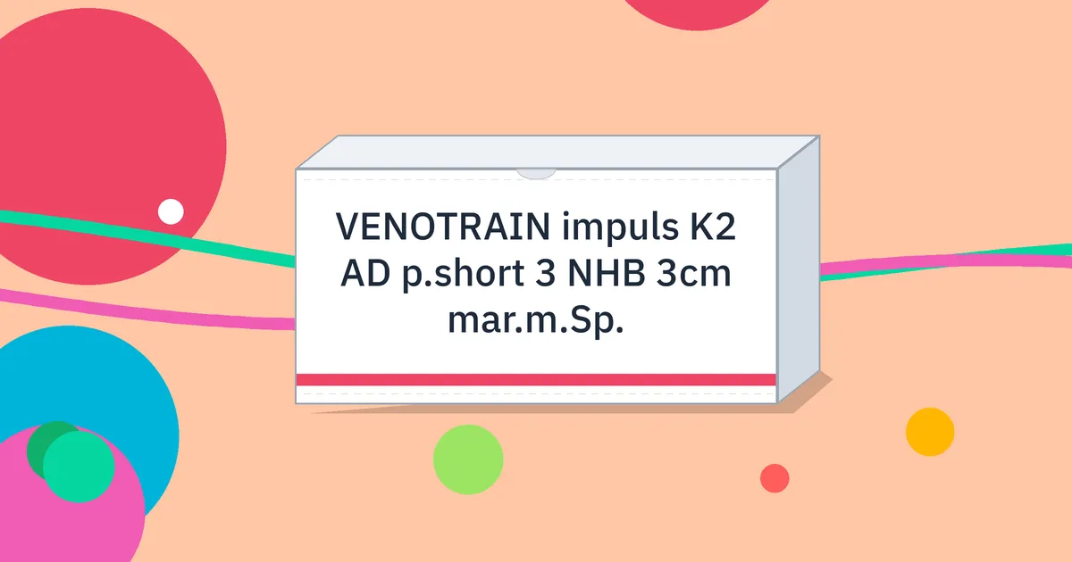 Symbolbild: Packung mit der Aufschrift VENOTRAIN impuls K2 AD p.short 3 NHB 3cm mar.m.Sp. (PZN 15223591) – Verfügbarkeit und Bezug in Apotheken in Frankfurt am Main