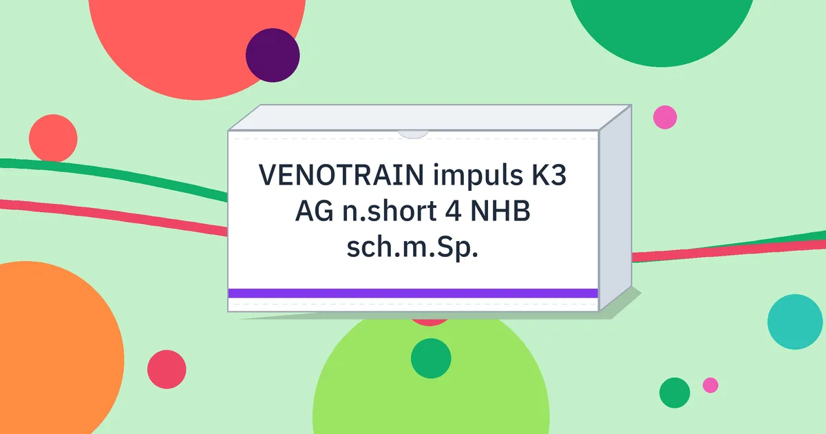 Symbolbild: Packung mit der Aufschrift VENOTRAIN impuls K3 AG n.short 4 NHB sch.m.Sp. (PZN 00522253) – Verfügbarkeit und Bezug in Apotheken in Frankfurt am Main