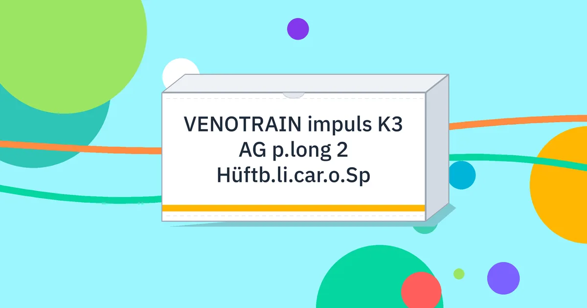 Symbolbild: Packung mit der Aufschrift VENOTRAIN impuls K3 AG p.long 2 Hüftb.li.car.o.Sp (PZN 08425153) – Verfügbarkeit und Bezug in Apotheken in Frankfurt am Main