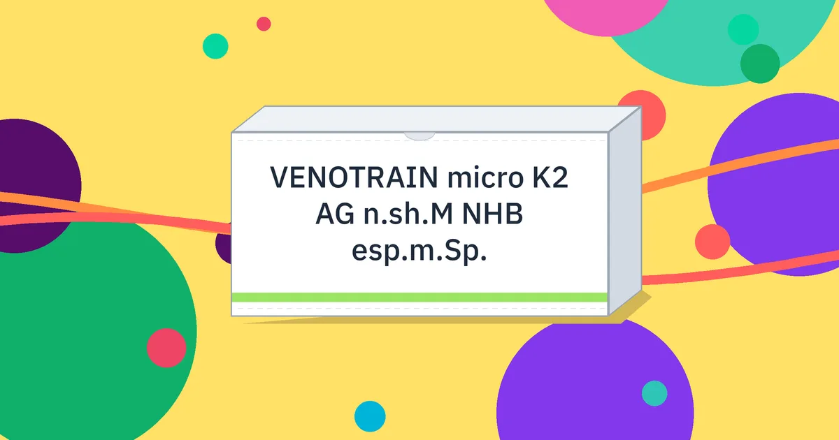 Symbolbild: Packung mit der Aufschrift VENOTRAIN micro K2 AG n.sh.M NHB esp.m.Sp. (PZN 06600623) – Verfügbarkeit und Bezug in Apotheken in Frankfurt am Main