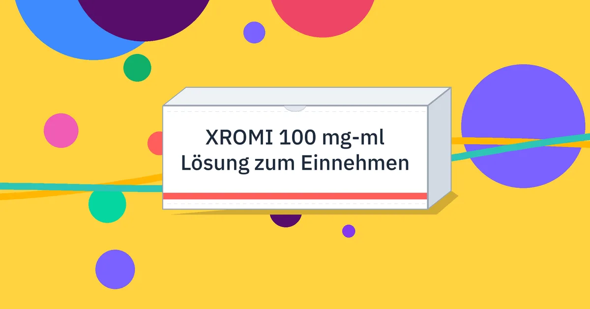 Symbolbild: Packung mit der Aufschrift XROMI 100 mg-ml Lösung zum Einnehmen (PZN 16239631) – Verfügbarkeit und Bezug in Apotheken in Frankfurt am Main