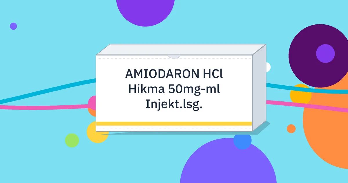 Symbolbild: Packung mit der Aufschrift AMIODARON HCl Hikma 50mg-ml Injekt.lsg. (PZN 02499423) – Verfügbarkeit und Bezug in Apotheken in Frankfurt am Main