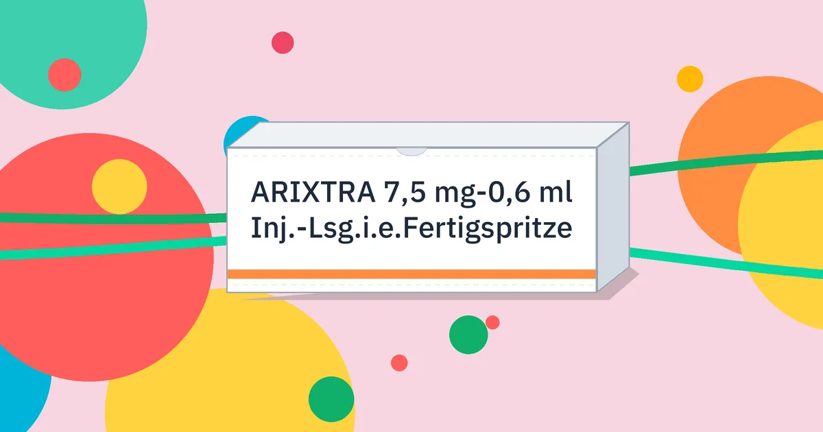 Symbolbild: Packung mit der Aufschrift ARIXTRA 7,5 mg-0,6 ml Inj.-Lsg.i.e.Fertigspritze (PZN 12595961) – Verfügbarkeit und Bezug in Apotheken in Frankfurt am Main