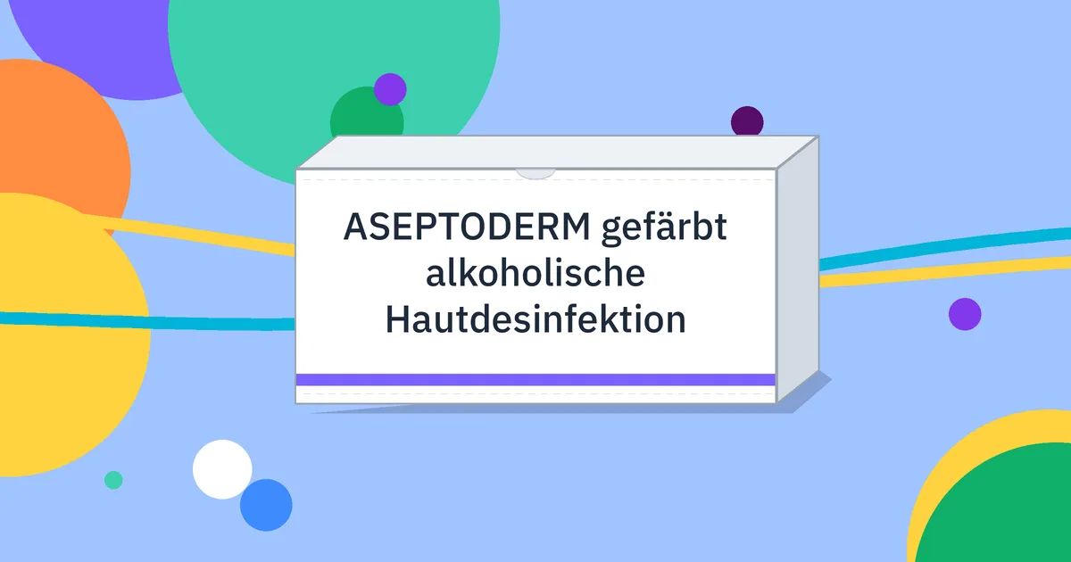 Symbolbild: Packung mit der Aufschrift ASEPTODERM gefärbt alkoholische Hautdesinfektion (PZN 10302765) – Verfügbarkeit und Bezug in Apotheken in Frankfurt am Main