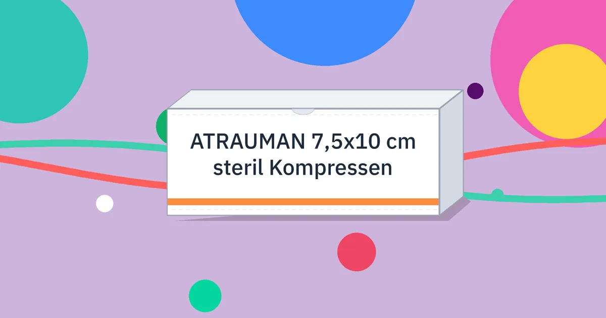 Symbolbild: Packung mit der Aufschrift ATRAUMAN 7,5x10 cm steril Kompressen (PZN 00033821) – Verfügbarkeit und Bezug in Apotheken in Frankfurt am Main