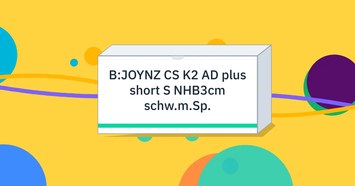 Symbolbild: Packung mit der Aufschrift B:JOYNZ CS K2 AD plus short S NHB3cm schw.m.Sp. (PZN 20530154) – Verfügbarkeit und Bezug in Apotheken in Frankfurt am Main