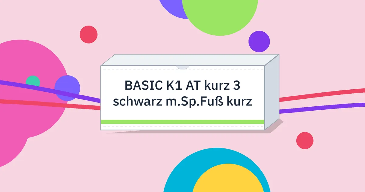 Symbolbild: Packung mit der Aufschrift BASIC K1 AT kurz 3 schwarz m.Sp.Fuß kurz (PZN 20262541) – Verfügbarkeit und Bezug in Apotheken in Frankfurt am Main