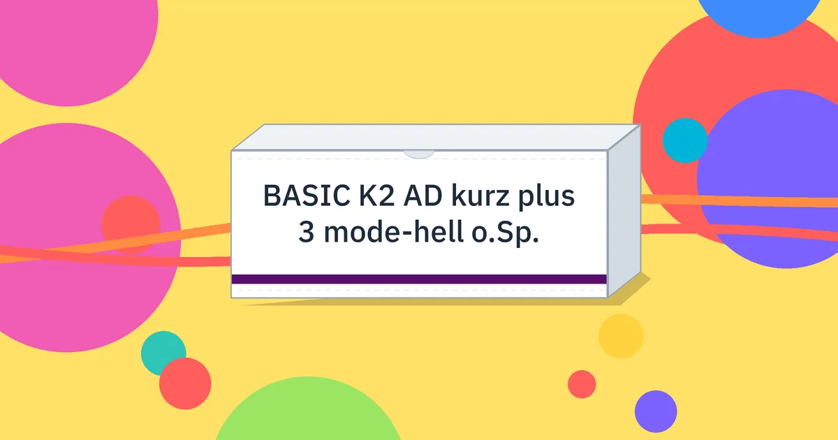 Symbolbild: Packung mit der Aufschrift BASIC K2 AD kurz plus 3 mode-hell o.Sp. (PZN 20264528) – Verfügbarkeit und Bezug in Apotheken in Frankfurt am Main