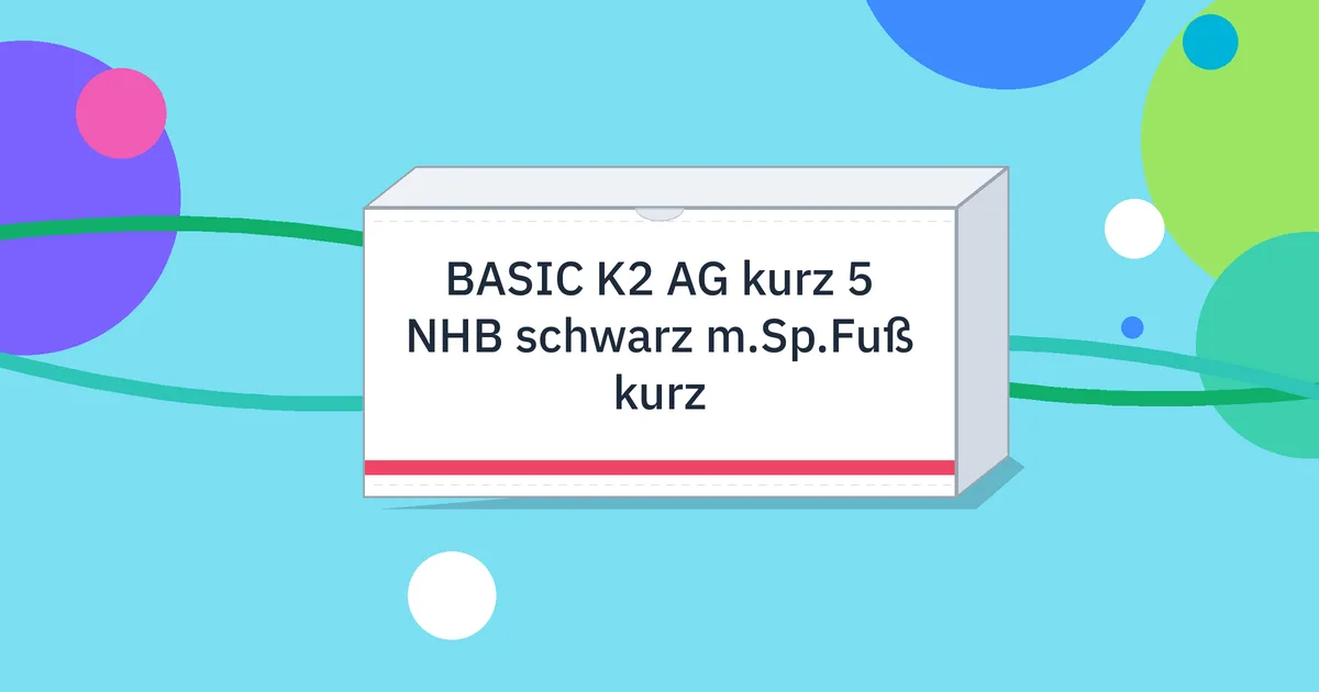 Symbolbild: Packung mit der Aufschrift BASIC K2 AG kurz 5 NHB schwarz m.Sp.Fuß kurz (PZN 20267863) – Verfügbarkeit und Bezug in Apotheken in Frankfurt am Main